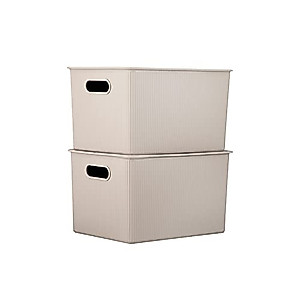 Superio Ribbed Collection - Decorative Plastic Lidded Home Storage Bins Organizer Baskets, X-Large Taupe (1 Pack - 22 Liter) Stackable Container Box, for Organizing Closet Shelves Drawer Shelf