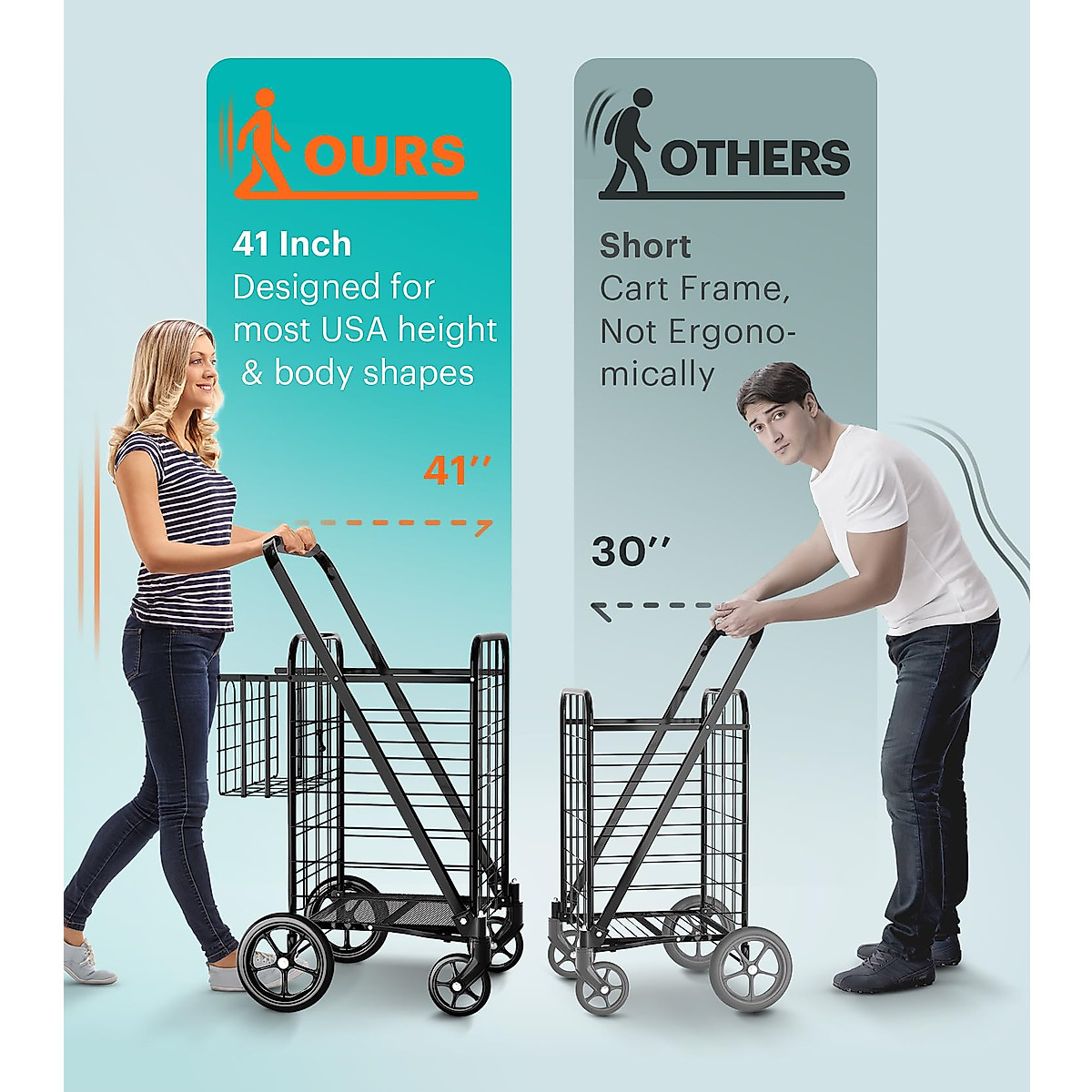 Shopping Cart, 350 lbs Black Super Capacity Grocery Cart on Wheels Jumbo Double Basket Folding Shopping Cart with 360° Rolling Swivel Wheels Utility Shopping Carts for Groceries Luggage Laundry