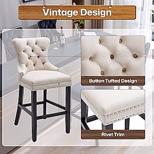 GOOLON Bar Stools Set of 2, Velvet 26 Inch Seat Height Counter Height Barstools with Back, Rivet Trim Bar Chairs for Kitchen Island Metal Pull Ring Wood Legs, Beige