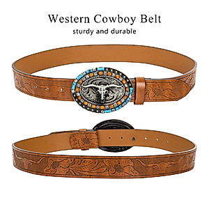 INOGIH Men-Western-Cowboy-Leather-Buckle-Belts-with-Longhorn-Bull-Floral-Engraved-Belt-Buckle-for-Jeans 33" to 42" Waist