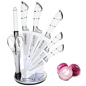 9Pcs White Kitchen Knife Set, DUFEIMOY Chef Knife Set Professional, Stainless Steel Knife Block Set with Scissors, Peeler and Knife Sharpener Rod for Cooking Meat Cutting