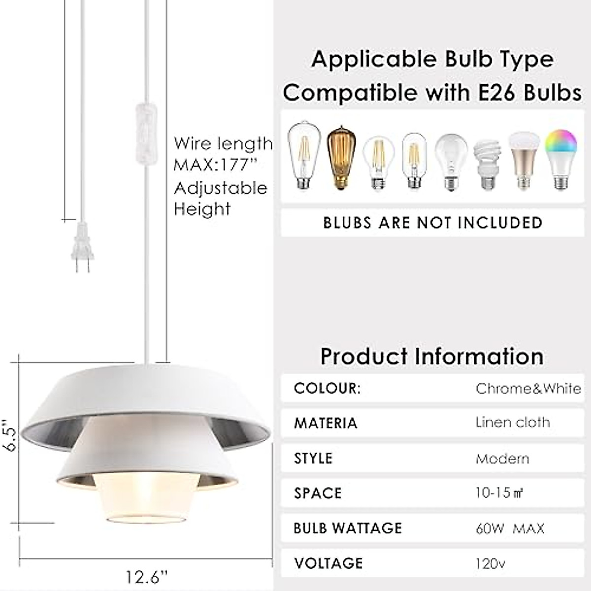 GO&SO 3-Tier Plug in Pendant Light Hanging Light with Plug in Cord Fabric Lampshade Plug in Ceiling Light Fixture for Bedroom Living Room White Silver