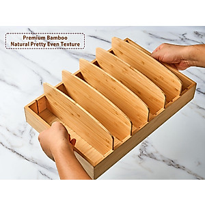 Umilife Large Food Container Lids Organizer for Kitchen Cabinet and Drawer, Bamboo Organizer with 5 Tall Adjustable Dividers, Plastic Lids Organization and Storage