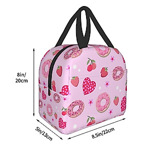 Ucsaxue Cute Pink Donut Berry Strawbery With Red Heart Shape Lunch Bag Reusable Lunch Box Work Bento Cooler Reusable Tote Picnic Boxes Insulated Container Shopping Bags For Adult Women Men