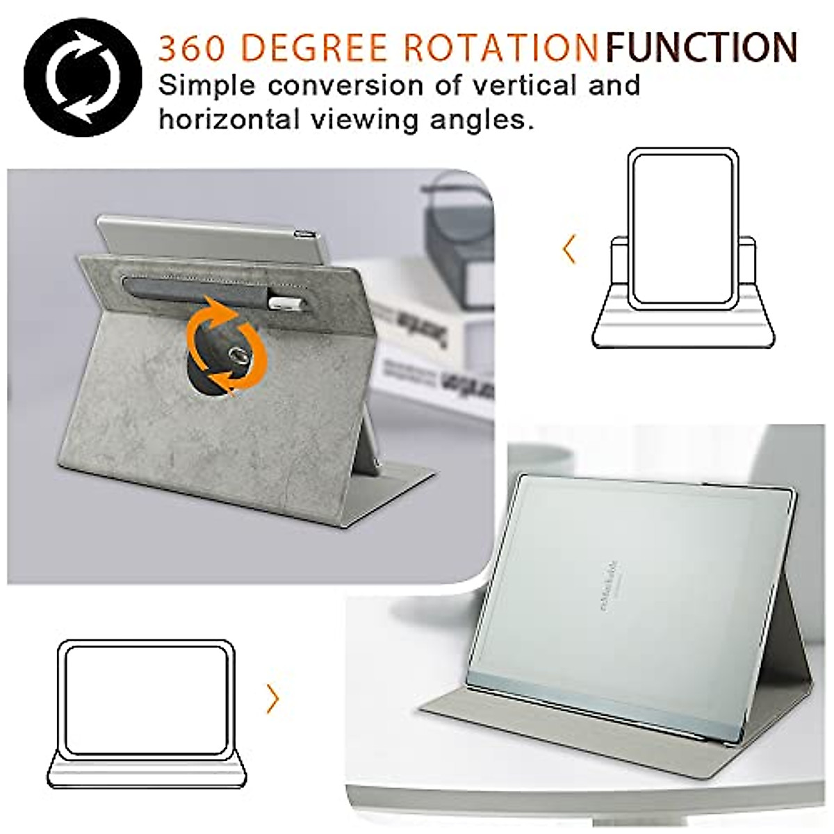 Xuanbeier Rotation Case Compatible with Remarkable 2 Paper Tablet Protective Cover with Pen Holder and Stand Funktion,Gray