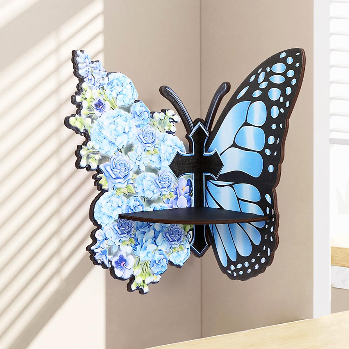 1/4 Wooden Corner Shelf - Butterfly Storage Rack, Hanging Organizer Racks | Wall Mount Shelving Unit, Vanity Counter Space Saver, Floating Room Corner Decor for Home Room, 9.25x9.45 Inches