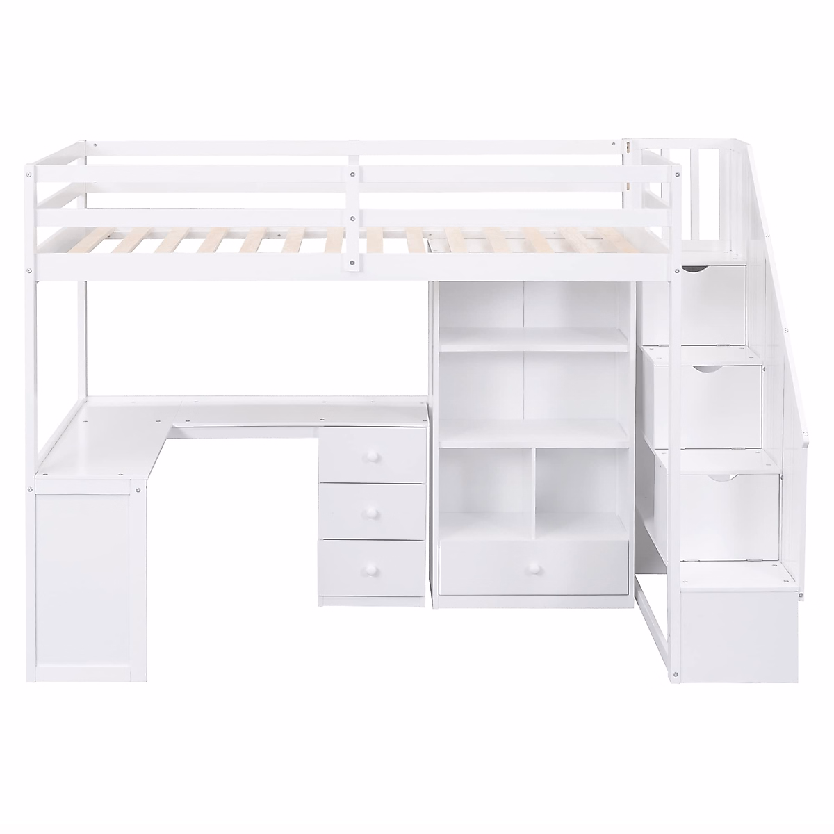 SOFTSEA Twin Loft Bed with L-Shaped Desk & Stairs, Wood Loft Bed with Desk and Storage Staircase, Twin Loft Bed with Bookcase and Storage Drawers, High Loft Bed with Desk for Kids Teens Adults, White