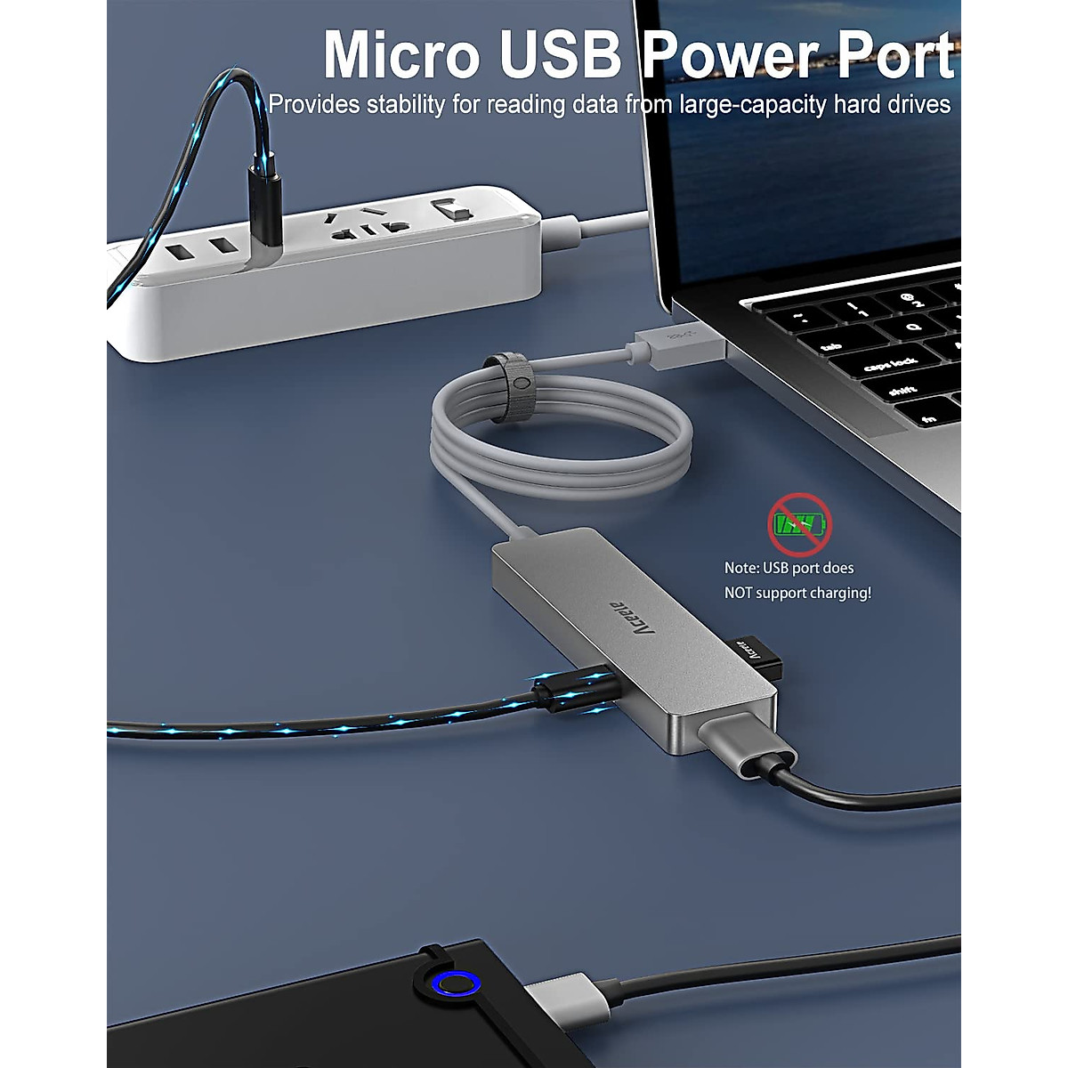 Aceele 5Gbps USB 3.0 Hub, 6 in 1 Ultra Slim Data USB Hub with 4ft Extended Long Cable, USB Multiport Hub with Micro USB Powered Port, SD/TF Card Slot Port, Compatible for PC, Laptop, MacBook