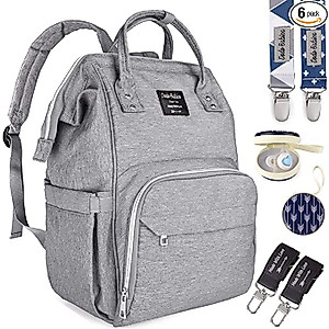 Dodo Babies Diaper Bag Backpack Set - Insulated & Waterproof Pockets - Plus Two Pacifier Clips, Binky Case & Stroller Straps (Blue/Grey)