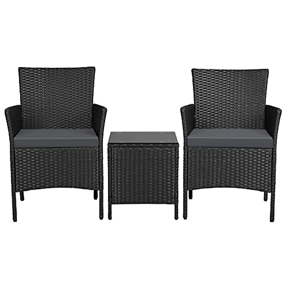 Yaheetech 3 Pieces Patio Porch Furniture Sets Outdoor Garden Furniture Sets PE Rattan Wicker Chairs with Washable Cushion & Tempered Glass Tabletop Grey Cushion
