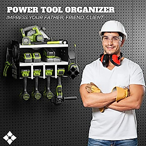 Power Tool Organizer Wall Shelves Rack - Drill Organizer Wall Mount - Workshop Battery Shelf for Pegboard - Toolbox Drill Holder - Power Tool Battery Charging Station and Storage - garage organization