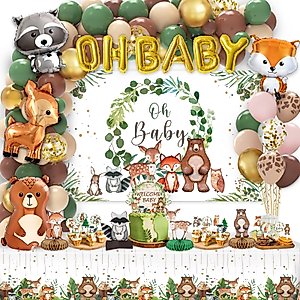 Woodland Baby Shower Decorations Woodland Animals Decoration Forest Animal Neutral Gender Reveal Party Supplies Balloons Backdrop Cake Topper Tablecloth, 84 Pcs Woodland Themed Birthday Party Decor