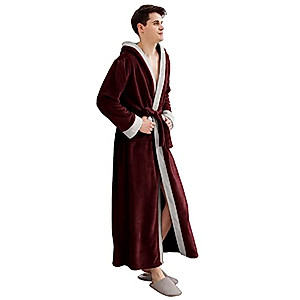 Hellomamma Mens Long Robes with Hood Full Length Hooded Bathrobe Fleece Plush Fluffy Housecoat Nightgown Wine Red