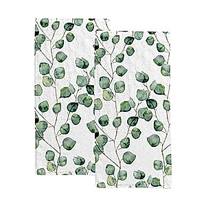 My Daily Watercolor Green Floral Hand Towel Set of 2, Eucalyptus Leaves Face Towel Thin Washcloths 30x15 inch, Portable Absorbent Soft Towels for Gym Yoga Spa Bathroom Decor