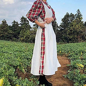 losofar Women Girls Vintage Pleated Split Apron V Neck Gardening Works Cotton Overall Smock Pinafore Dress (white, 40" L)