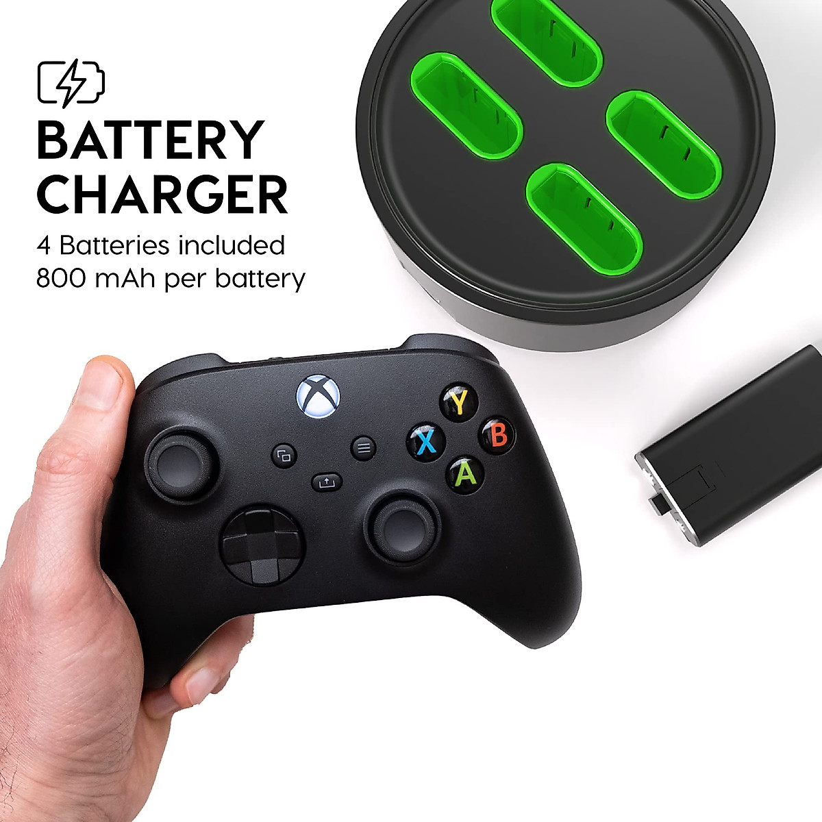 TalkWorks Xbox Battery Charger Station w/ 4 Rechargeable Batteries - 5' Cable Light Up USB-C Multi-Battery Charging Pack for X-Box Game (Black)