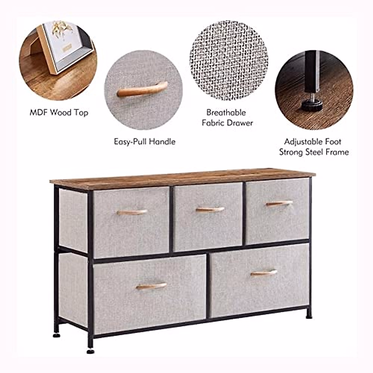ZSEDP 5 Drawer Dresser Storage Organizer Cabinet for Bedroom Living Room Hallway Entryway Closet with Wide Sturdy Steel Frame Wood Top