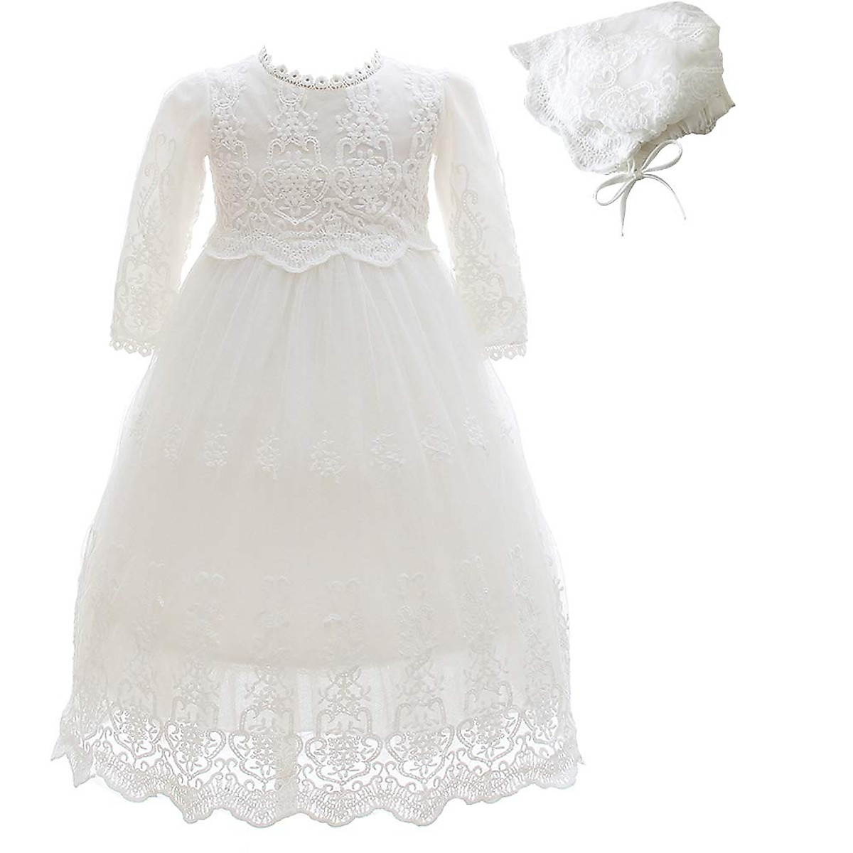 Silver Mermaid Baby Girls Long Sleeve Baptism Dress Floral Embroidery Christening Blessing Gown(3M,Ivory White)