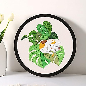 Embroidery Starter Kit for Adults Beginners with Sleepy Cat Green Plant Leaves Pattern Stamped Cross Stitch Set with Embroidery Cloth Hoop Needles Threader Colorful Floss and Instruction