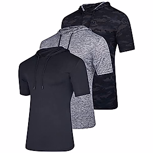 3 Pack: Mens Dry Fit Moisture Wicking Short Sleeve Active Athletic Hoodie Pullover Sweatshirt Workout Running Fitness Gym Sports Casual Tee Outdoor Summer Hiking Beach Outfit- Set 5, L