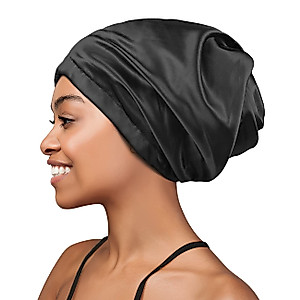 Large Satin Bonnet Sleep Cap for Curly Hair, Frizzy Hair Women and Men Black