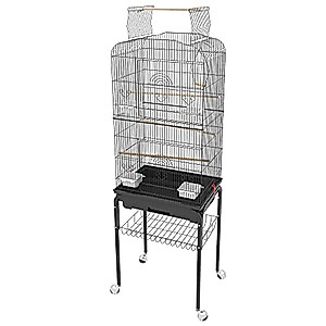 Jehiatek 59 Inch Bird Cage with Rolling Stand, Parakeets Cage with Open Top Roof, Tall Bird Cage Metal Bird Cage for Medium Small Cockatiel Canary Conure Finches, Black, Easy to Install