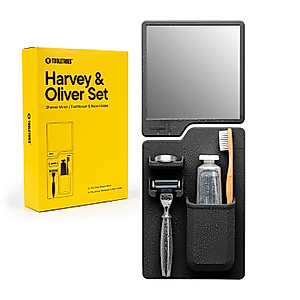Tooletries - The Harvey & Oliver Set - Silicone Shower Toothbrush Holder and Razor Holder with Anti Fog Mirror - Silicone Shower Organizer - Removable & Reusable - Charcoal