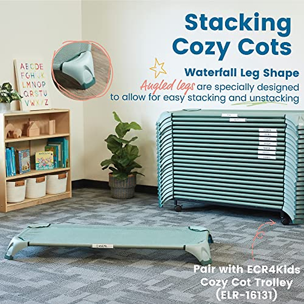 ECR4Kids Stackable Cozy Cot with Storage, Classroom Furniture, Sage, 6-Pack