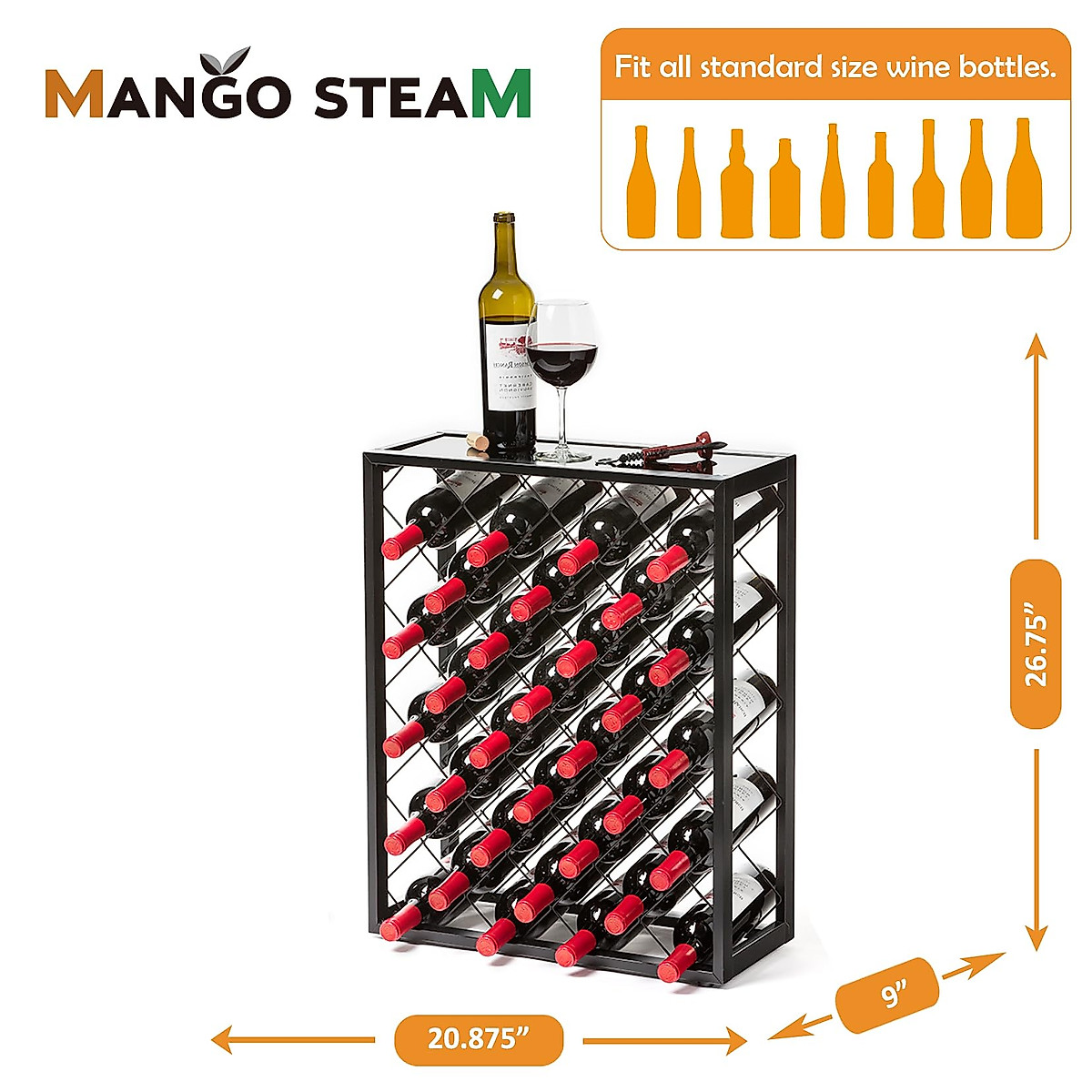 Mango Steam 32 Bottle Wine Rack with Glass Table Top Free Standing, Black