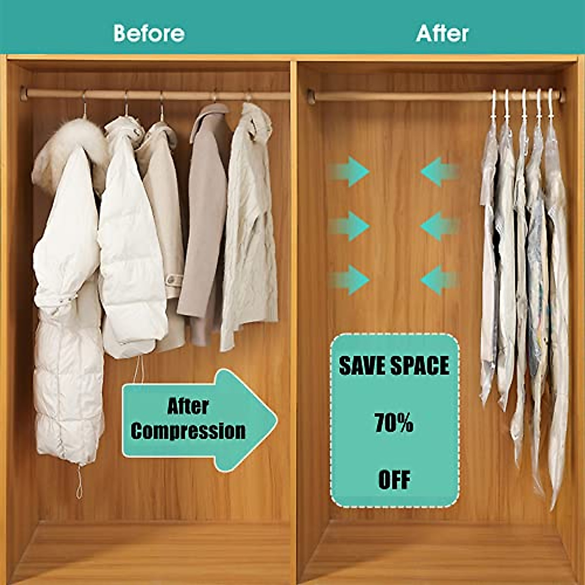 2/6Pcs Hanging Vacuum Storage Bags with Electric/Hand Pumps, 43.3"/51.2" Reusable Hanging Clothes Vacuum Seal Storage Bag Compressible Space Saver Bags (XL-26.3"x51.2", 6Pcs Bags [Gift Electric Pumps])