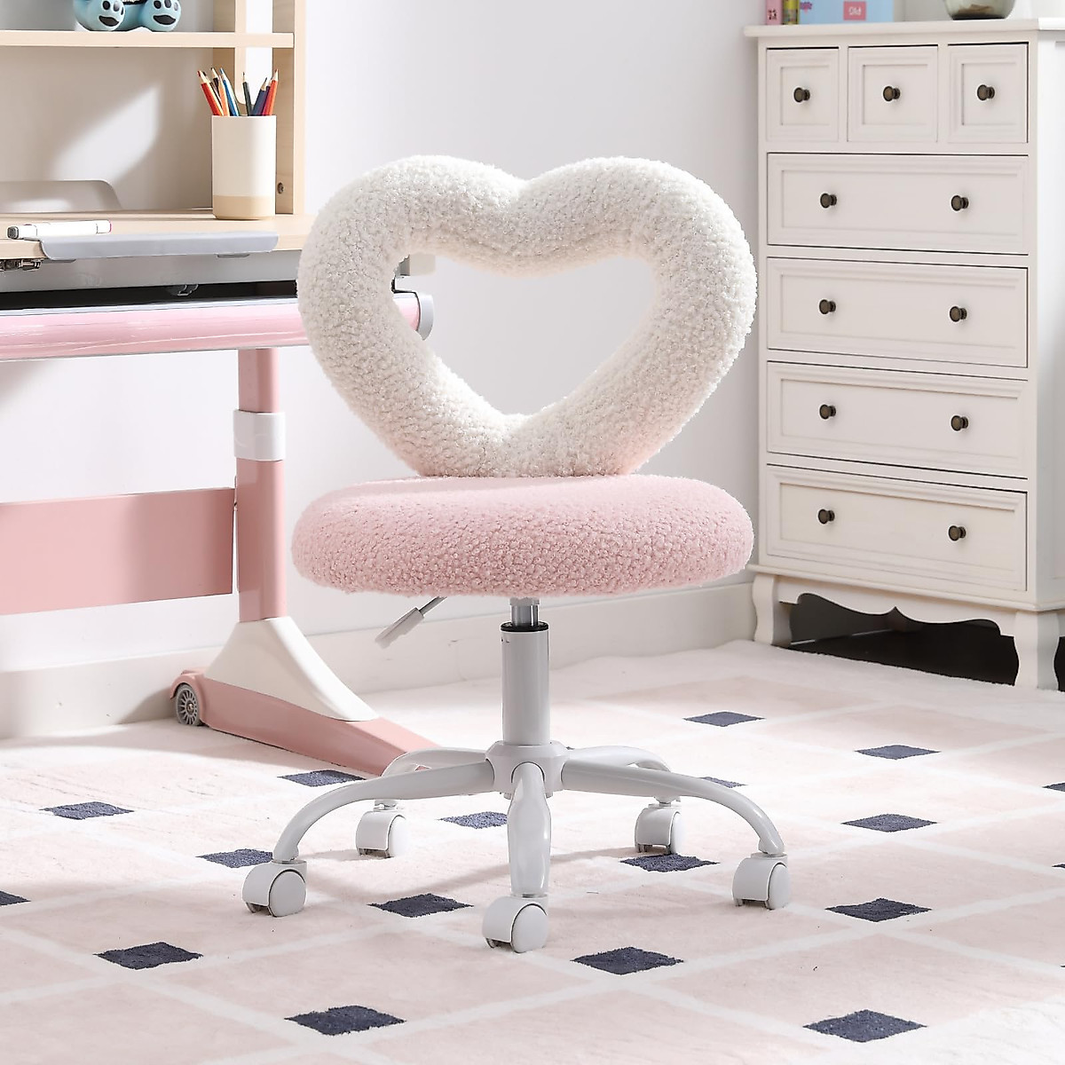 DUOMAY Faux Fur Kids Desk Chair, Heart Back Upholstered Computer Chair for Boys and Girls Cute Swivel Height Adjsutable Study Arm Chair for Child Home Bedroom, Pink & White
