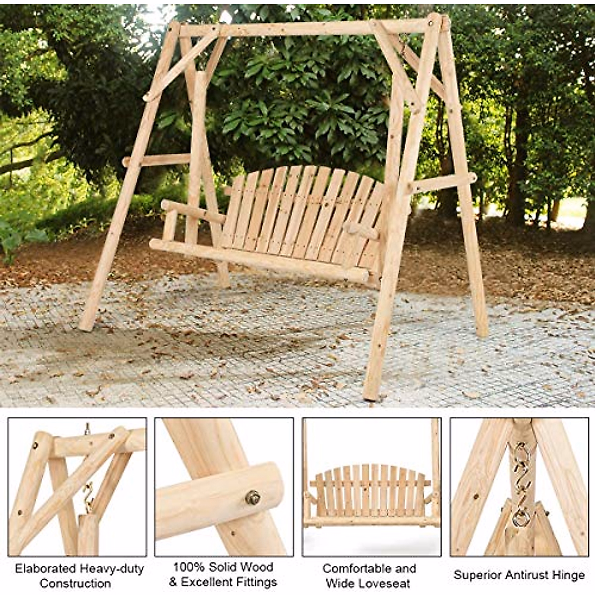 Safstar Porch Swing, Outdoor Wooden Swing with A-Frame for 2 Person, Rustic Hardwood Swing Chair for Patio Garden Yard, 6.5' Wooden Swing Bench for Adult Senior Toddler, Natural