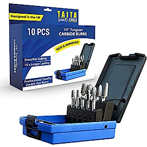 10pc Carbide Burr Set 1/4" Shank Tungsten Double Cut Rotary Die Grinder Bits - Cutting Burrs for Milwaukee, Dewalt and Die Grinder Accessories - Wood Carving Metal Working & Sturdy Storage Case