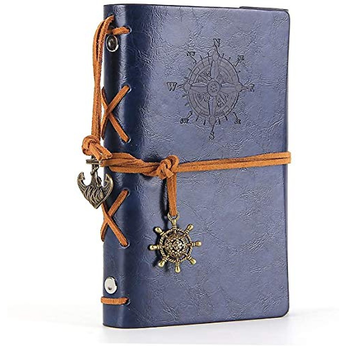 Leather Travel Journal Writing Notebook, Classic Embossed Vintage Nautical Spiral Blank String Refillable Diary Notepad Sketchbook to Write in, Unlined Paper, Retro Pendants (7.3” x5”, Deep Blue)