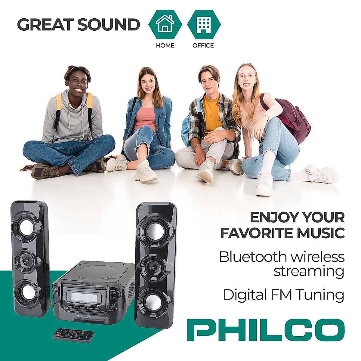 Philco Stereo Shelf Systems Compact CD Shelf System with Digital FM Stereo Radio, Bluetooth Wireless Technology, and Remote Control in Black | LCD Display | MP3 & AUX Port Compatible | USB Playback