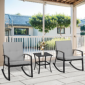 Walsunny 3 Pieces Patio Set Outdoor Wicker Patio Furniture Sets Modern Rocking Bistro Set Rattan Chair Conversation Sets with Coffee Table (Grey)