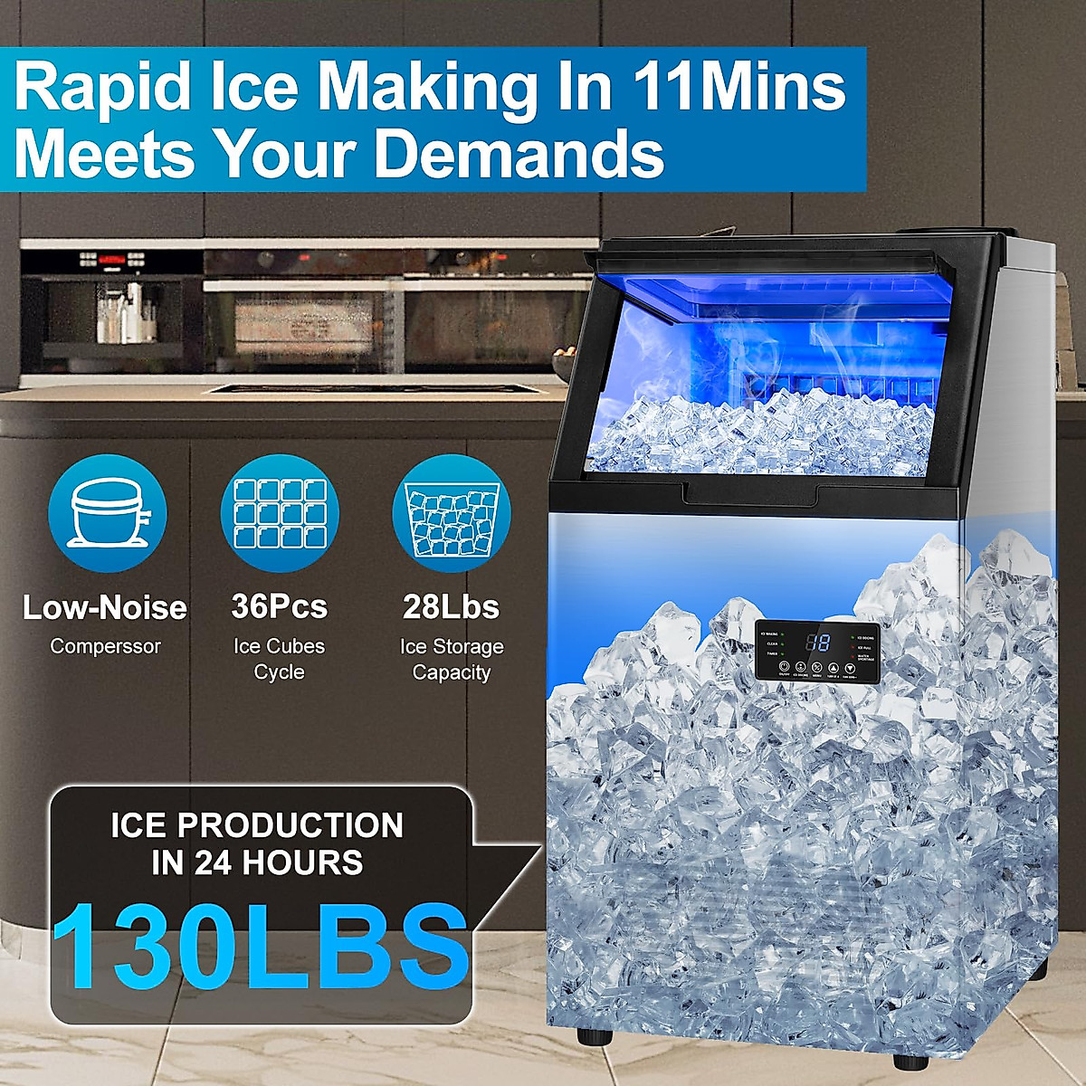 Commercial Ice Maker Machine 130Lbs/24H with 2 Water Inlet Modes, 36Pcs Ice Cubes in 8-15 Mins, Stainless Steel Under Counter/Freestanding Ice Machine with 28Lbs Storage Bin for Home/Shop/Office/Bar
