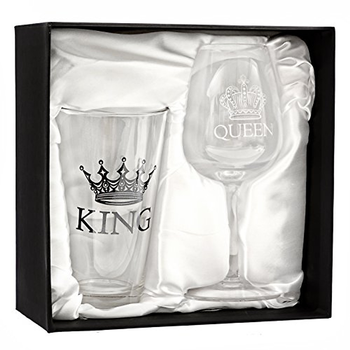 King Beer & Queen Wine Glass Set | Beautiful Gift for Newlyweds, Engagements, Anniversaries, Weddings, Parents, Couples, Christmas - Novelty Drinking Glassware (King Beer & Queen Wine Glass Set)