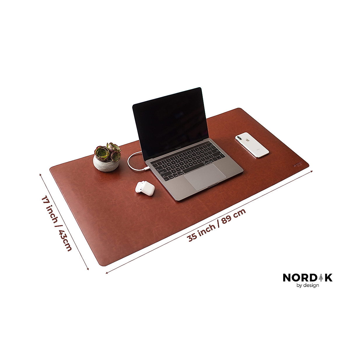 Nordik Leather Desk Mat Cable Organizer (Saddle Brown 35 X 17 inch) Premium Extended Mouse Mat for Home Office Accessories - Felt Vegan Large Leather Desk Pad Protector & Desk Blotter Pads Decor