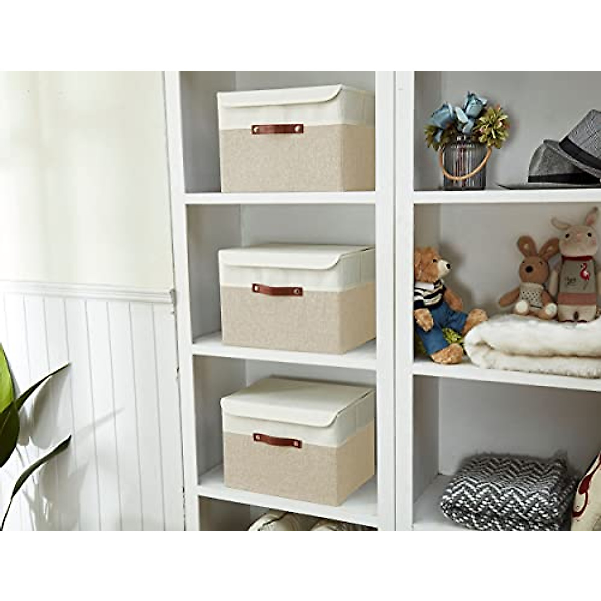 DECOMOMO Foldable Storage Bin with Lids [3-Pack] Collapsible Sturdy Cationic Fabric Storage Basket Box Container W/Handles for Organizing Shelf Nursery Linen (Beige and White, 15 x 11 x 11” – 3 Pack)