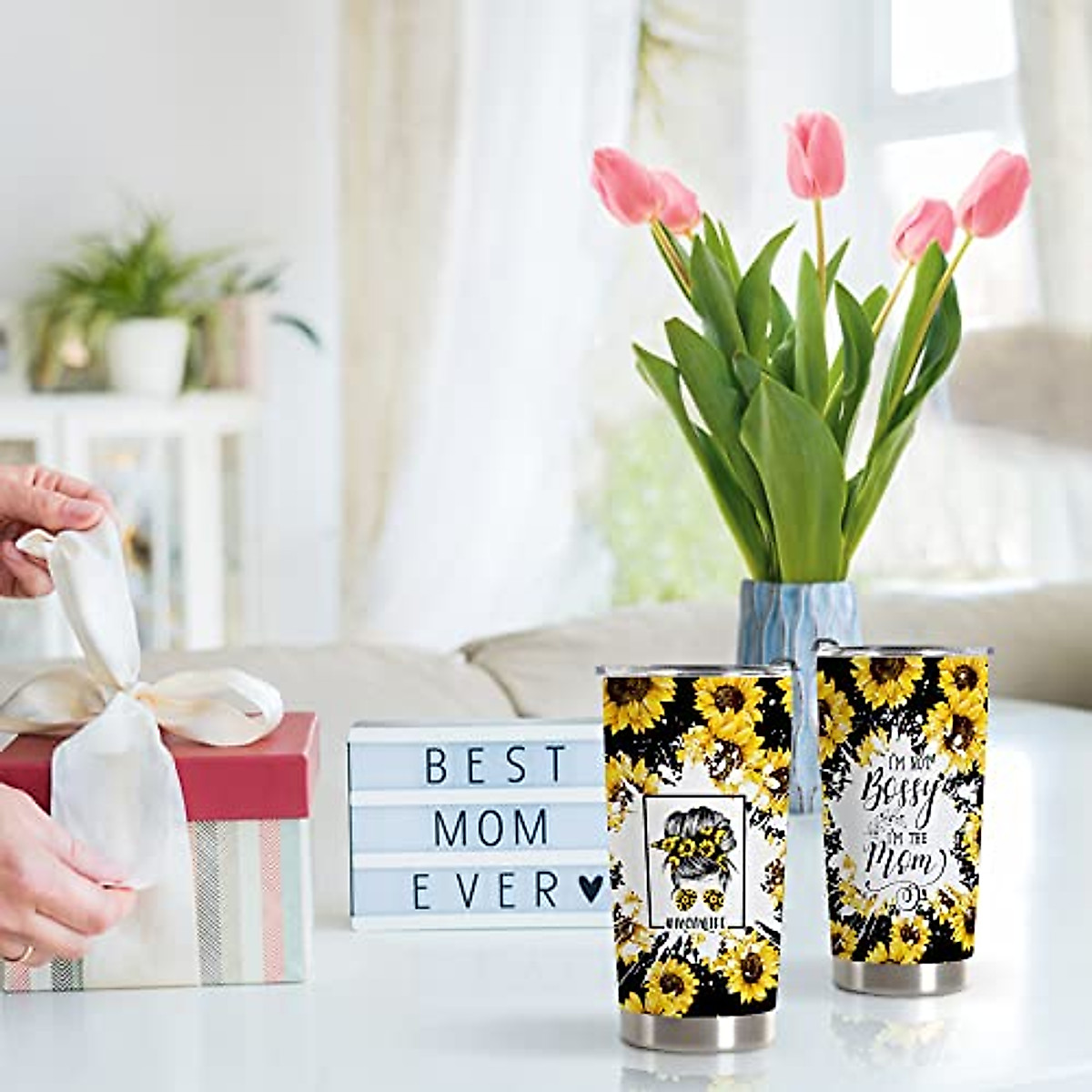 Pavo Christmas Gift for Woman, Sunflower Birthday Gift for Mom, 20 OZ Mom Life Floral Travel Tumbler for Holiday, Valentine, Mother's Day Gift Ideal from Son, Daughter, Best Friend