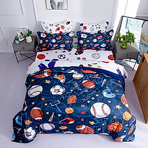 Wajade Sports Comforter Set Bed in A Bag Full Size 7 Piece 3D Soccer Basketball Baseball Football Bedding Set for Kids Boys (1 Comforter, 1 Flat Sheet, 1 Fitted Sheet, 2 Pillowcase and 2 Pillow Sham)