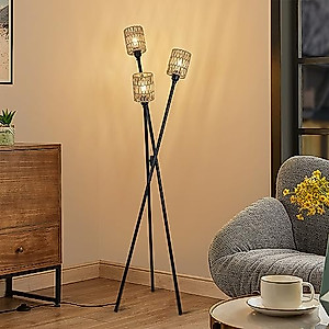 Stepeak Rattan Tripod Floor Lamp, Boho Farmhouse Floor Lamps for Living Room with ON/Off Foot Switch, 3-Lights Modern Standing Lamp with Rattan Shades, Wicker Tall Floor Lamp for Bedroom Office