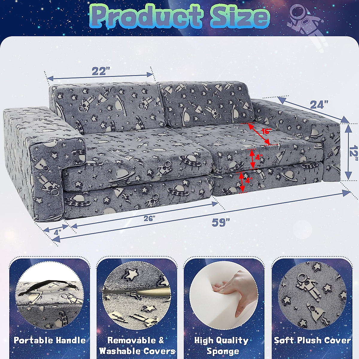 LFCREATOR Kids Play Couch, Modular Toddler Glow Sofa for Playroom Bedroom，Imaginative Convertible Play Couch for Boys Girls.Gift for Kids.Spaceman
