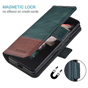 KEZiHOME Genuine Leather Wallet Case for Samsung Galaxy Z Fold 3 5G, RFID Blocking, Card Slots, Flip Kickstand Phone Cover (Navy Blue/Brown)