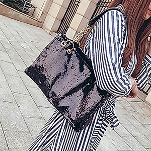 FENICAL Tote Purse Sequin Handbag Zipper Shoulder Bag Glitter Top-handle Bag for Women Ladies Girls - Black