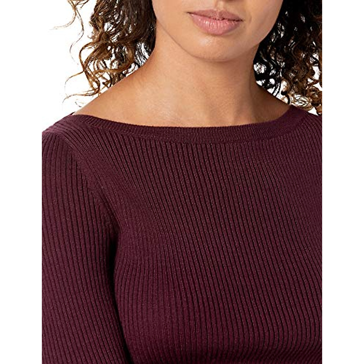 Amazon Essentials Women's Lightweight Ribbed Long-Sleeve Boat Neck Slim-Fit Sweater, Burgundy, Large