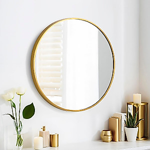 SCWF-GZ 20" Round Mirror Circle Wall Mounted Hanging or Against Wall Metal Frame Dressing Make-up Mirrors for Entryway Bedroom Bathroom Living Room 20 inch Gold