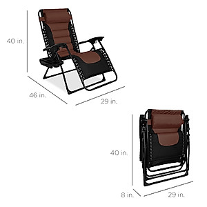 Best Choice Products Oversized Padded Zero Gravity Chair, Folding Outdoor Patio Recliner, XL Anti Gravity Lounger for Backyard w/Headrest, Cup Holder, Side Tray, Polyester Mesh - Black/Brown