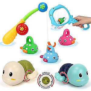 Bath Toys Fish Set, Fishing Game w/ Swimming Tortoise, Fishing Pole & Net, Fish Game Bathtub Water Table Shower Pool Bathroom Toy for Toddlers Baby Kids Infants Boys Girls